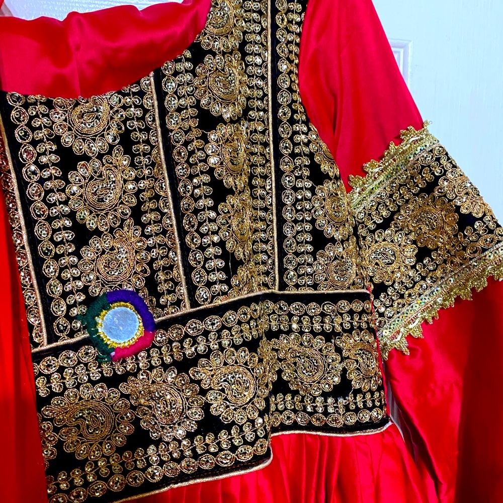 Red Afghan Dress With Matching Pants And Scarf - Gem